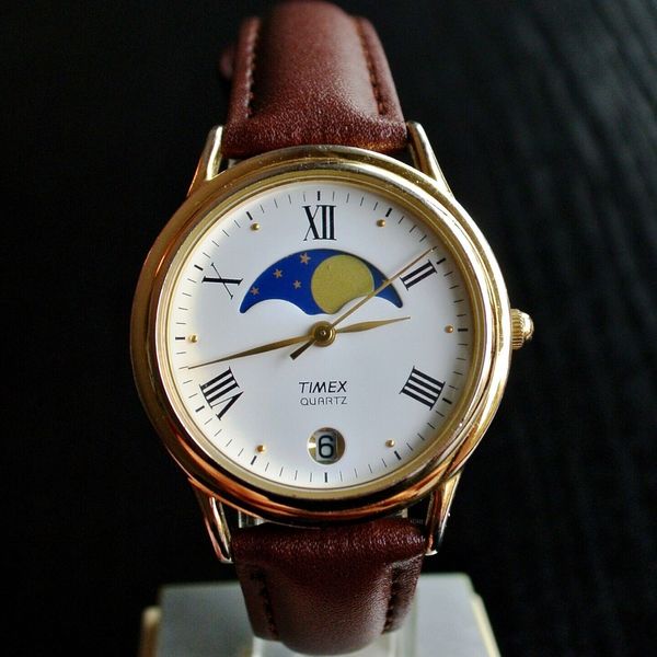 VINTAGE TIMEX DATE ELEGANT MOON PHASE DIAL QUARTZ MEN'S GOLD LEATHER ...
