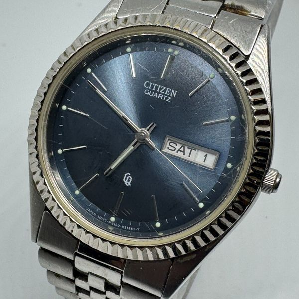 Vintage Citizen Quartz Watch Men Silver Blue Fluted Bezel Analog New ...