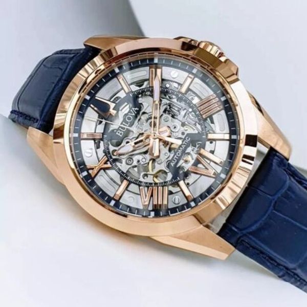 New! BULOVA AUTOMATIC WATCH Sutton S97A161 SKELETON Dial w/ Rose Gold ...