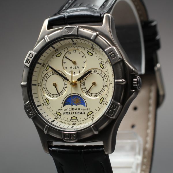 Vtg 1992 [N MINT] New Batt SEIKO ALBA V33F-6A80 Moon Phase Qz Mens ...