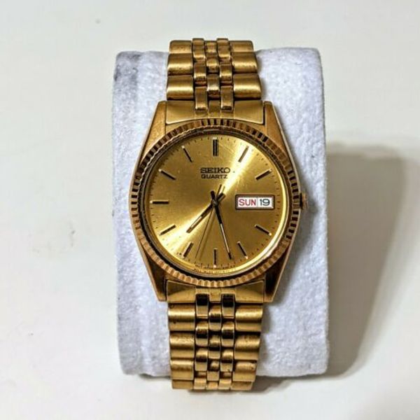 Mens Seiko Quartz Day/Date 7N43-8111 Watch Gold Tone Band | WatchCharts
