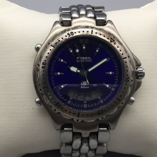 Fossil Blue Watch Men Silver Tone 100M Round Dial 34mm New Battery 7 ...
