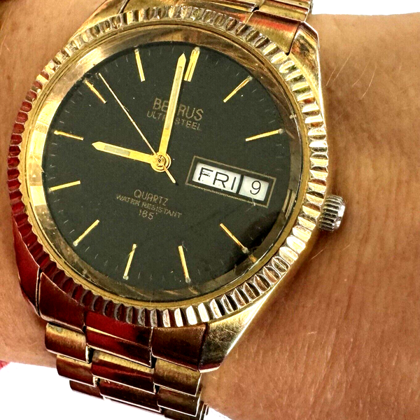 Vintage Men's Watch Benrus Ultrasteel Quartz Day Date Yellow Tone Runs ...