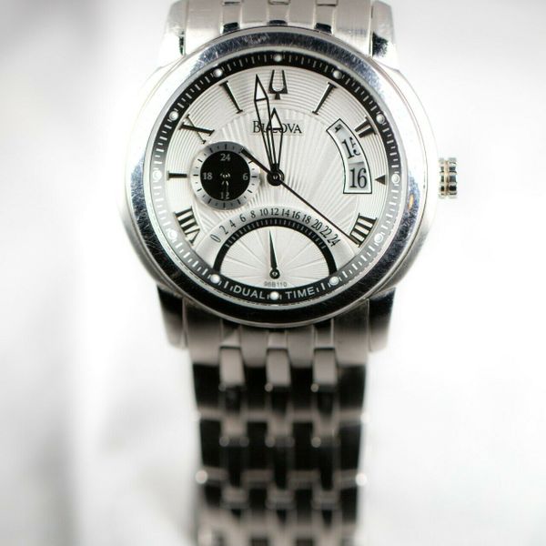 Bulova Men's 96B110 Dual-Time Sunray Dial Stainless Steel Bracelet ...