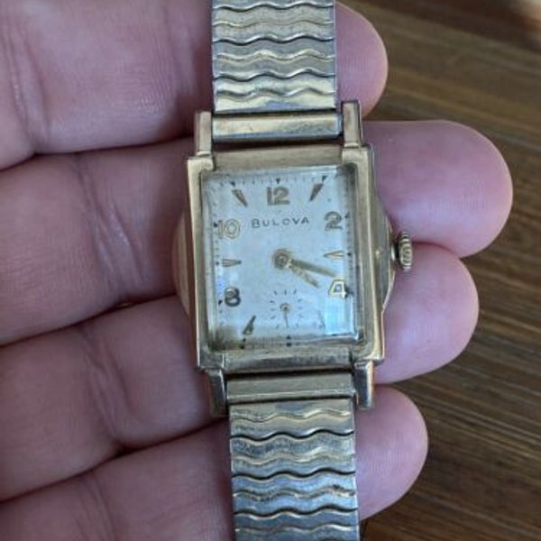 Vintage Mens Bulova 10K Tank Watch L9 White Dial Deco Stretch Band ...
