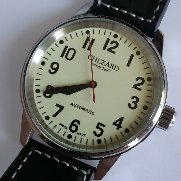 Mens CHEZARD Aviator Pilot Eta Automatic Swiss Made Military Wristwatch ...