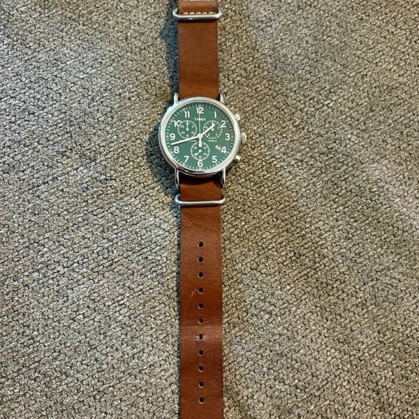 Timex Weekender Chronograph Green Dial Watch Brown Leather Strap New ...