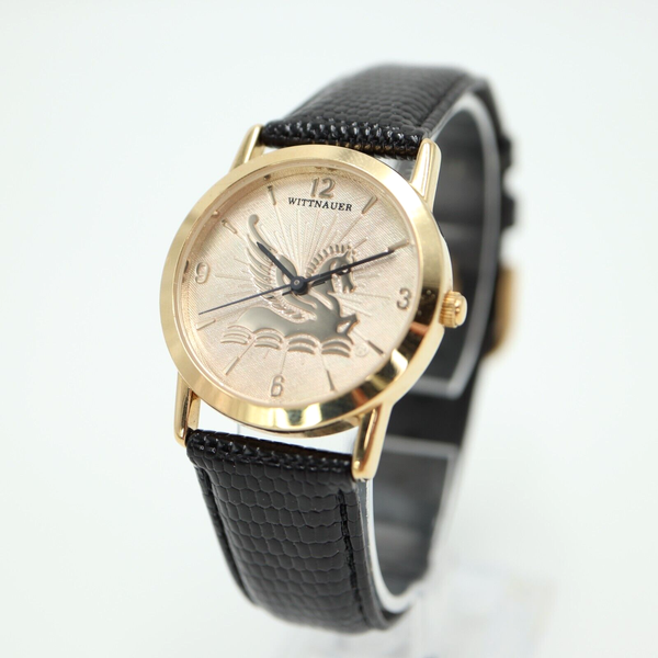 Vintage Wittnauer Pegasus Watch 30mm Gold Tone Dial Black Leather w New ...