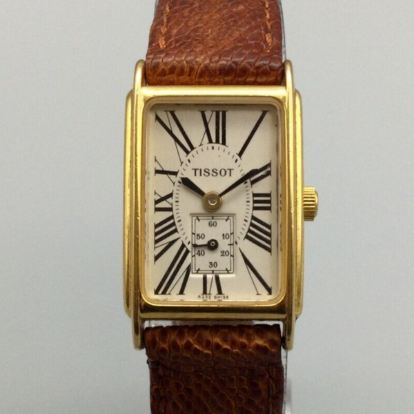 Tissot Watch Women 18mm Gold Tone Tank A222K Brown Leather Band New ...