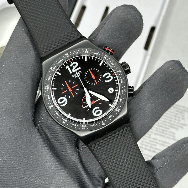 NEWâ Swatch Irony BLACK IS BACK Chrono Black Steel Silicone Men's Watch ...