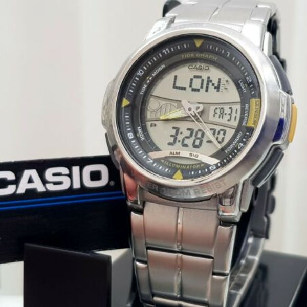 NEW Casio AQF-100 Thermometer Moon & Tide graph World Time Watch Box ...