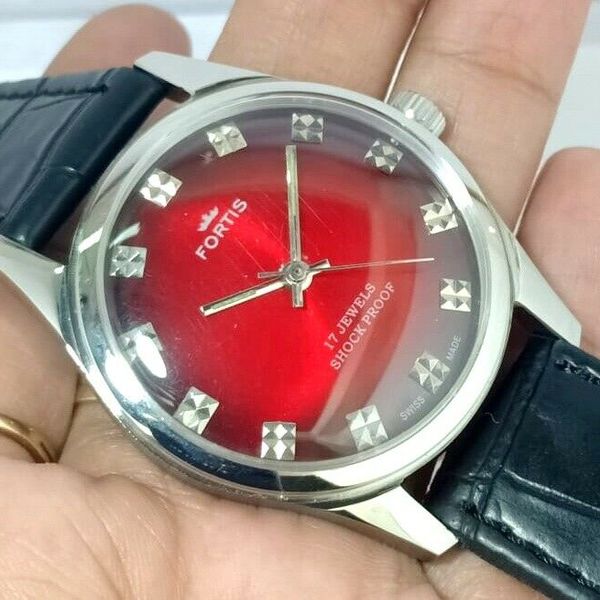 Vintage Fortis 17 Jewels Manual Winding Men's Watch Swiss Made Red Dial ...