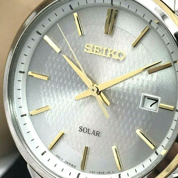 Seiko Solar Essentials Silver Dial Two Tone Stainless Steel Men's Watch ...