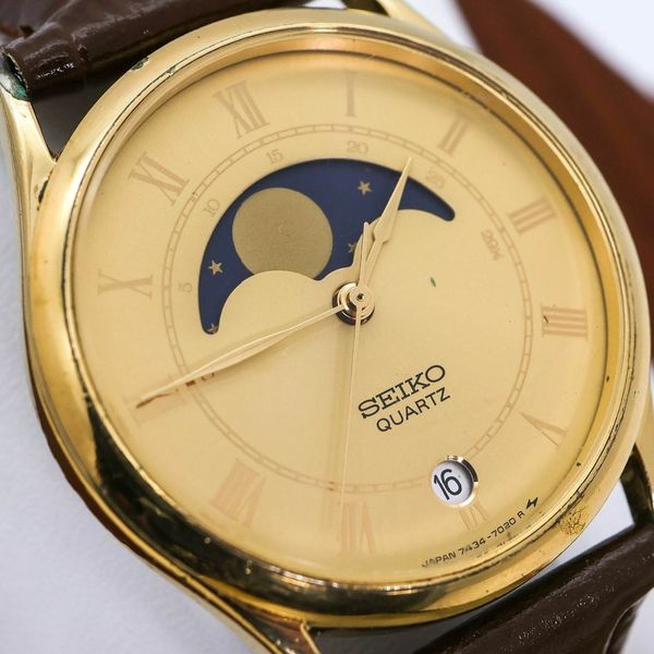 Seiko Watch Moon Phase Gold Dial Leather 1070 | WatchCharts Marketplace