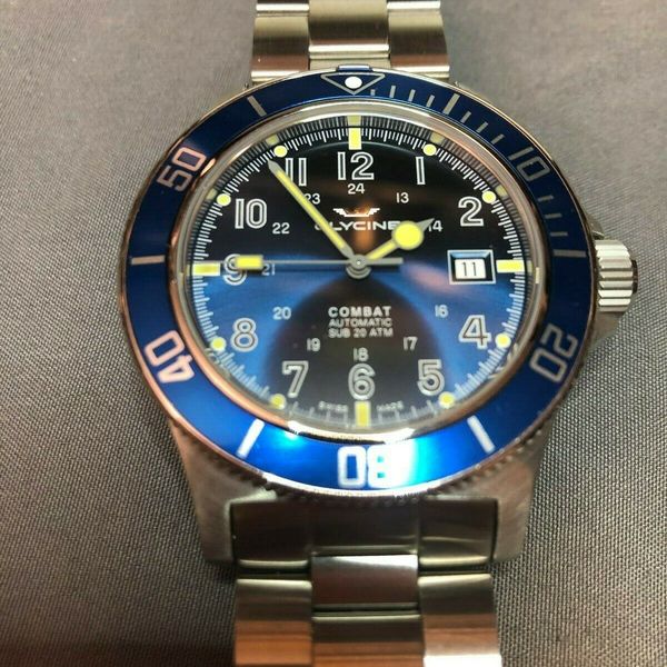 Beautiful Blue Dial Glycine Combat Sub GL0077 Automatic Dive Stainless ...