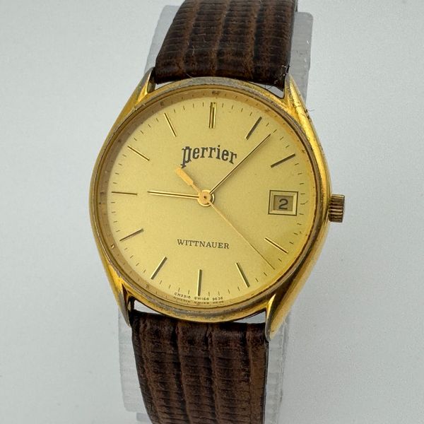 VTG Wittnauer Perrier Swiss Quartz Watch Men Gold Tone Leather Date New ...