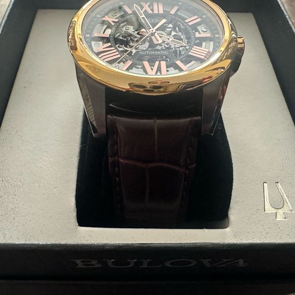 Bulova Mens Classic Sutton Automatic Skeleton Leather Watch Gold Brown ...
