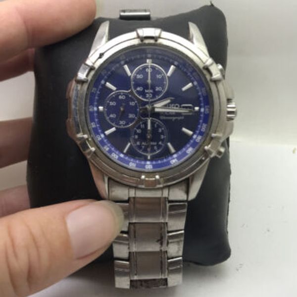 Seiko Solar Quartz Mens Blue Dial Chrono Bracelet Dress Watch SSC141 AS ...