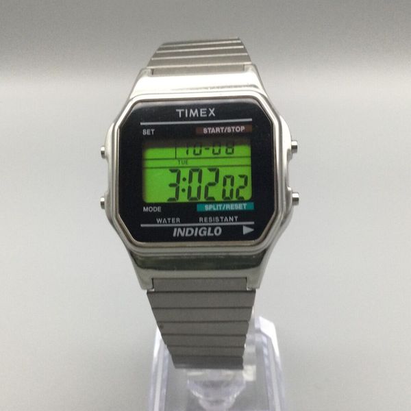 Timex Classic Digital Watch Men T78587 Silver Tone 35mm Stretch Band ...