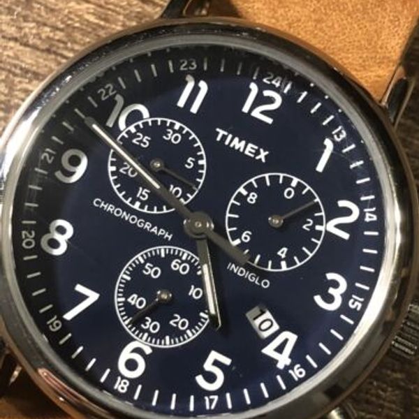 Timex Chronograph Indiglo Watch Navy Dial Leather Band Backlight 30M ...