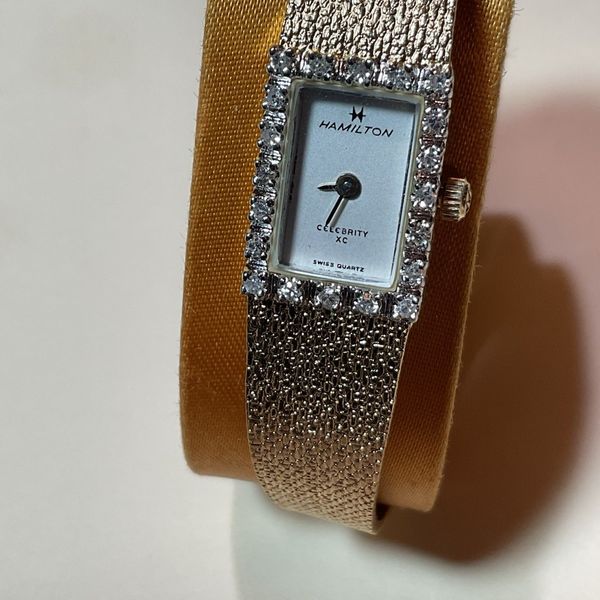 Vintage Hamilton Gold Tone Diamond Bezel Quartz Ladies Watch ...