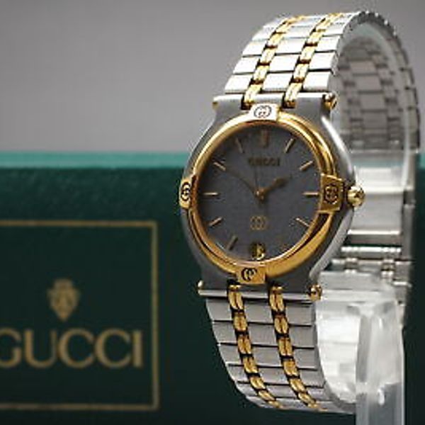 [Near MINT] GUCCI 9000M Black Dial Two Tone Silver Quartz Midsize Mens ...