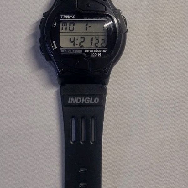 Vintage 90s Timex Stealth Watch Black Indiglo 100M Timer Date 40mm New ...