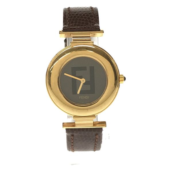 FENDI | 320G Gold Tone Dress Watch FF logo leather belt quartz ...