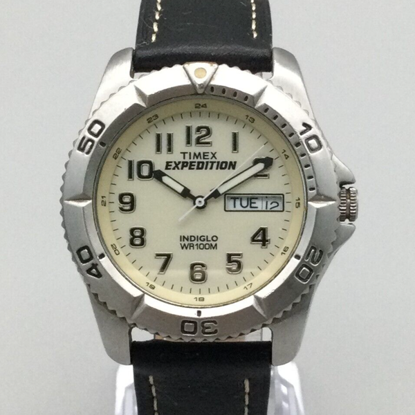Timex Expedition Watch Men Indiglo 42mm Silver Tone Day Date Leather ...