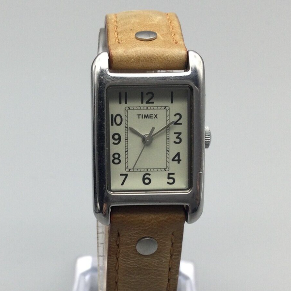 Timex Tank Watch Women 20mm Silver Tone Rectangle Brown Leather New ...