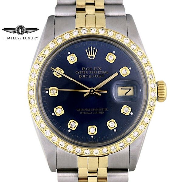 Rolex Datejust 16013 Steel & 18k Gold 36mm Blue Dial Diamond Bezel Box ...