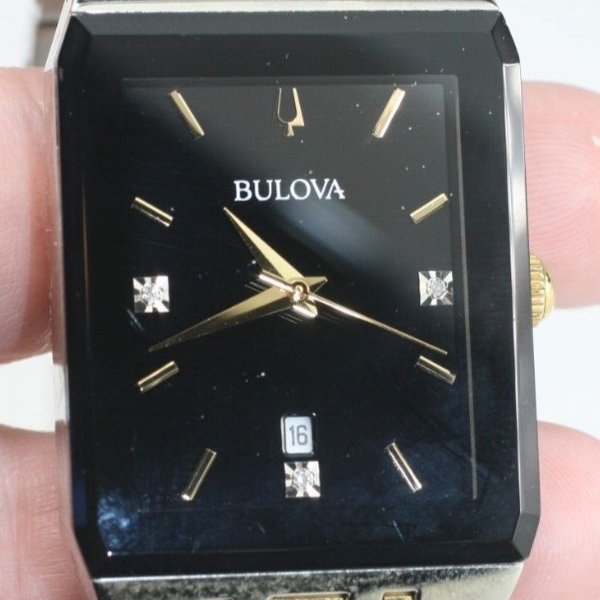 Bulova Quadra Diamond Quartz Black Dial Stainless Steel Men's Watch ...