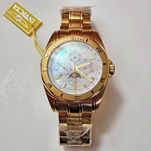 New Men's INVICTA Wristwatch Gold With Opal Face Chronograph Moon Phase ...