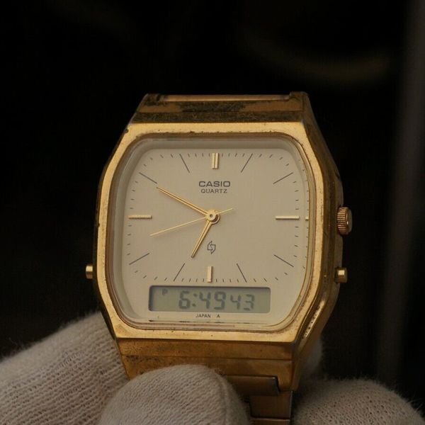 casio 309 aq-340g analog digital watch gold 33mm vintage working ...