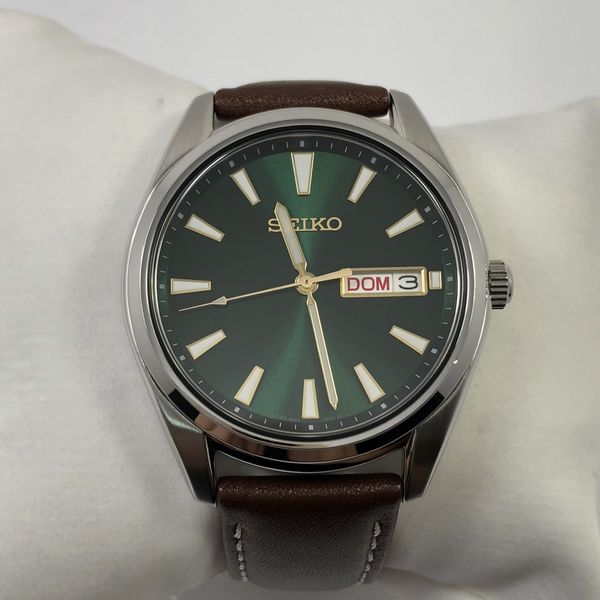 Seiko Essentials Quartz Green Dial Brown Leather Strap Men's Watch ...