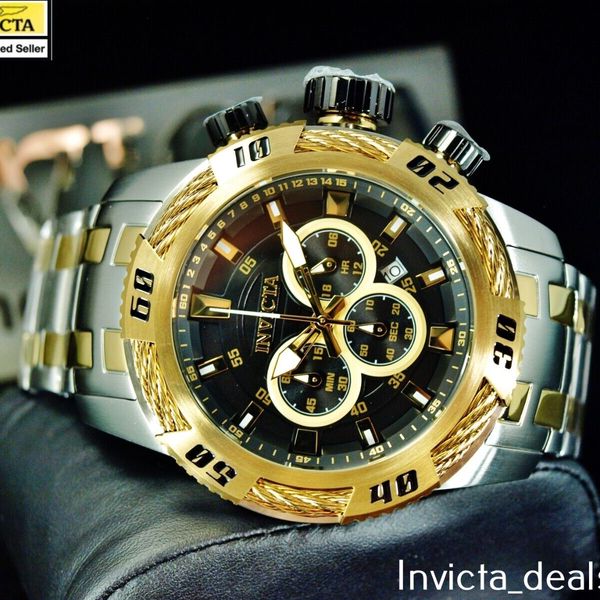 Invicta 50mm Men's BOLT Chronograph BLACK DIAL Gold 2Tone Stainless ...