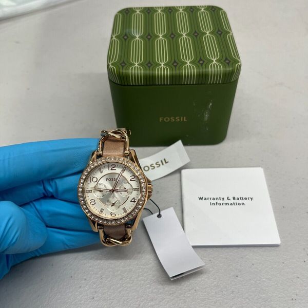 Fossil ES3466 Riley Rose Gold Tone Dial Beige Leather Strap Women's ...