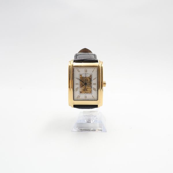 Rotary Gold-Toned Rectangular Automatic Watch with Black Strap ...