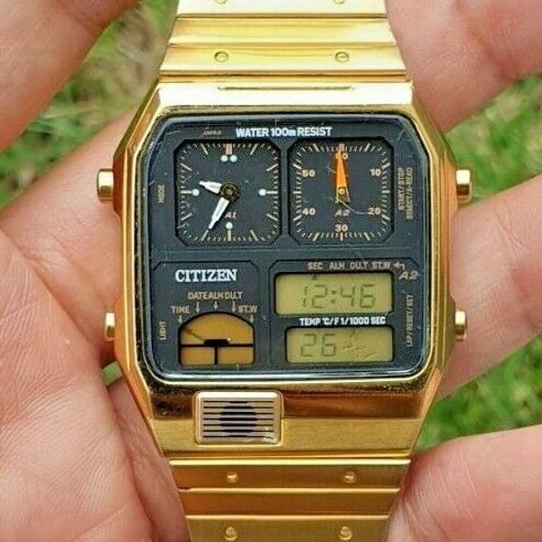 CITIZEN ANA-DIGI 8988 Q01920 STOP.W TEMP ALARM GOLD WR100M June 1972 ...
