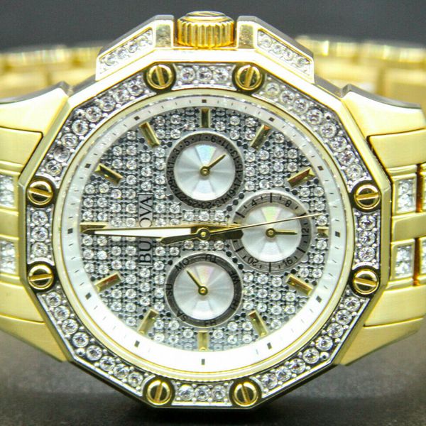 BULOVA OCTAVA SWAROVKSI CRYSTAL SILVER DIAL GOLD TONE MENS WATCH 98C126 ...