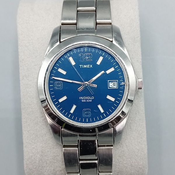 Timex Indiglo WR 30M Watch Mens Silver Blue Stainless Steel Date ...