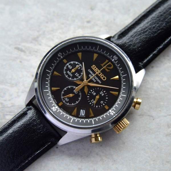 Seiko 100m Chronograph Date Men's Quartz Leather Rare Watch Black Dial ...
