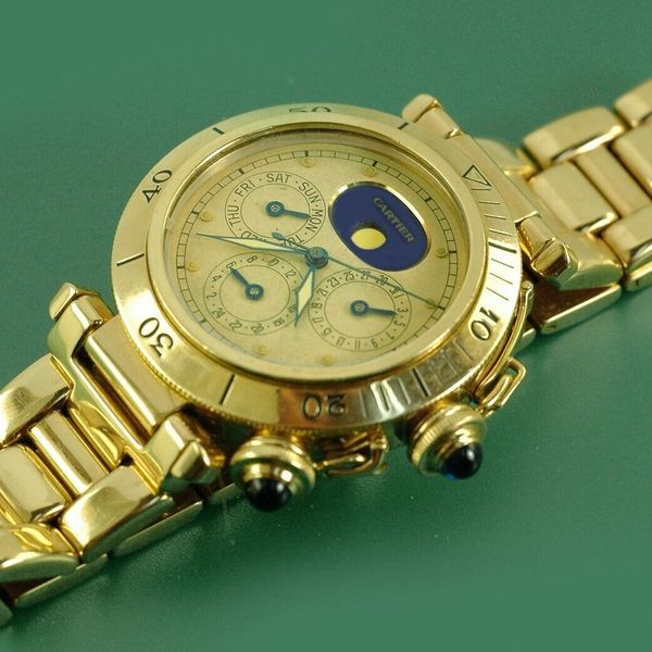 Cartier Pasha 38mm Moonphase Date Day GMT 18k Gold Watch Wth Band ...
