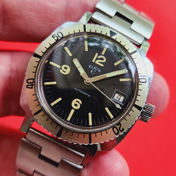 Elgin Skin Diver Watch Vintage Rare Black Dial Mechanical AS 1902 /03 ...