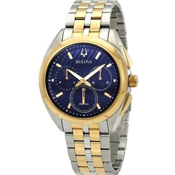 BULOVA $850 MENS CURV BIG TWO-TONE STNLSS STL-BLUE DIAL-CHRONOGRAPH ...