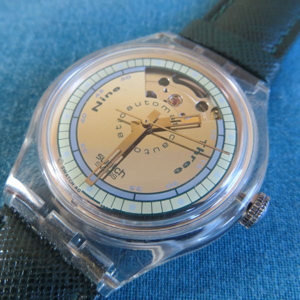 Swatch Automatic watch visible movement green leather strap little use ...