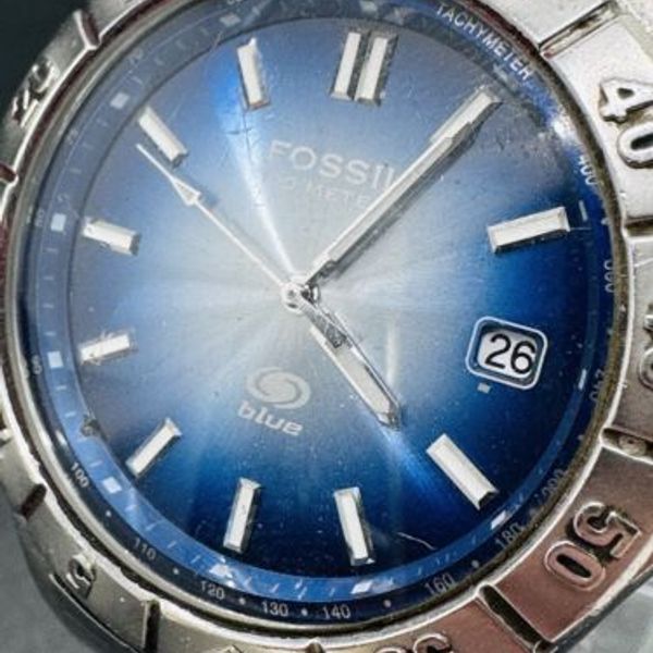 Working Fossil Watch Mens Watch Silver Tone Blue Dial Date 100M AM-3689 ...
