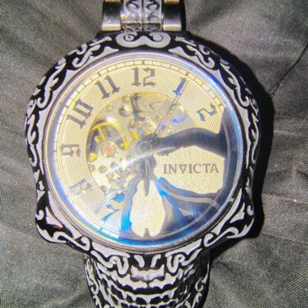 Men's Invicta Skull Automatic Skeletonized Black Stainless Steel 50mm ...