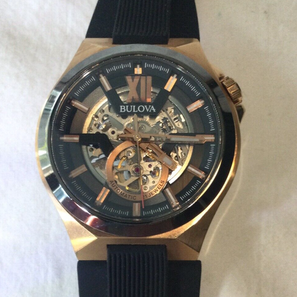 Bulova 98A177 Men's Automatic Black Dial Black Silicone Band Watch ...