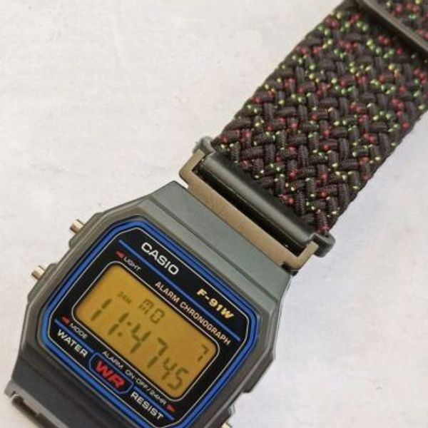 Casio F91W Custom Fleck Stretch Nylon Strap Yellow Screen Filter Retro ...